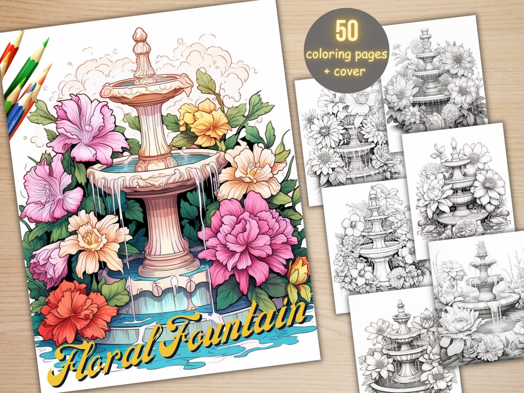50 Floral Fountain Coloring Book, Printable Enchanted Secret Garden ...