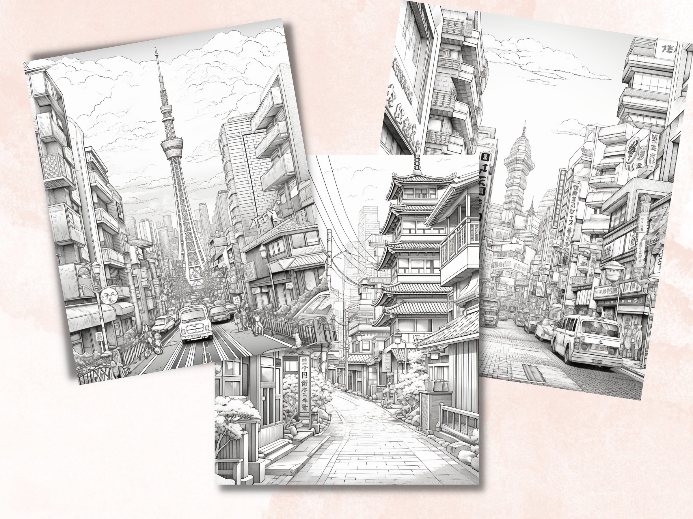 50 Tokyo City Coloring Book, Printable PDF, Japan Cafe Scenes Coloring ...