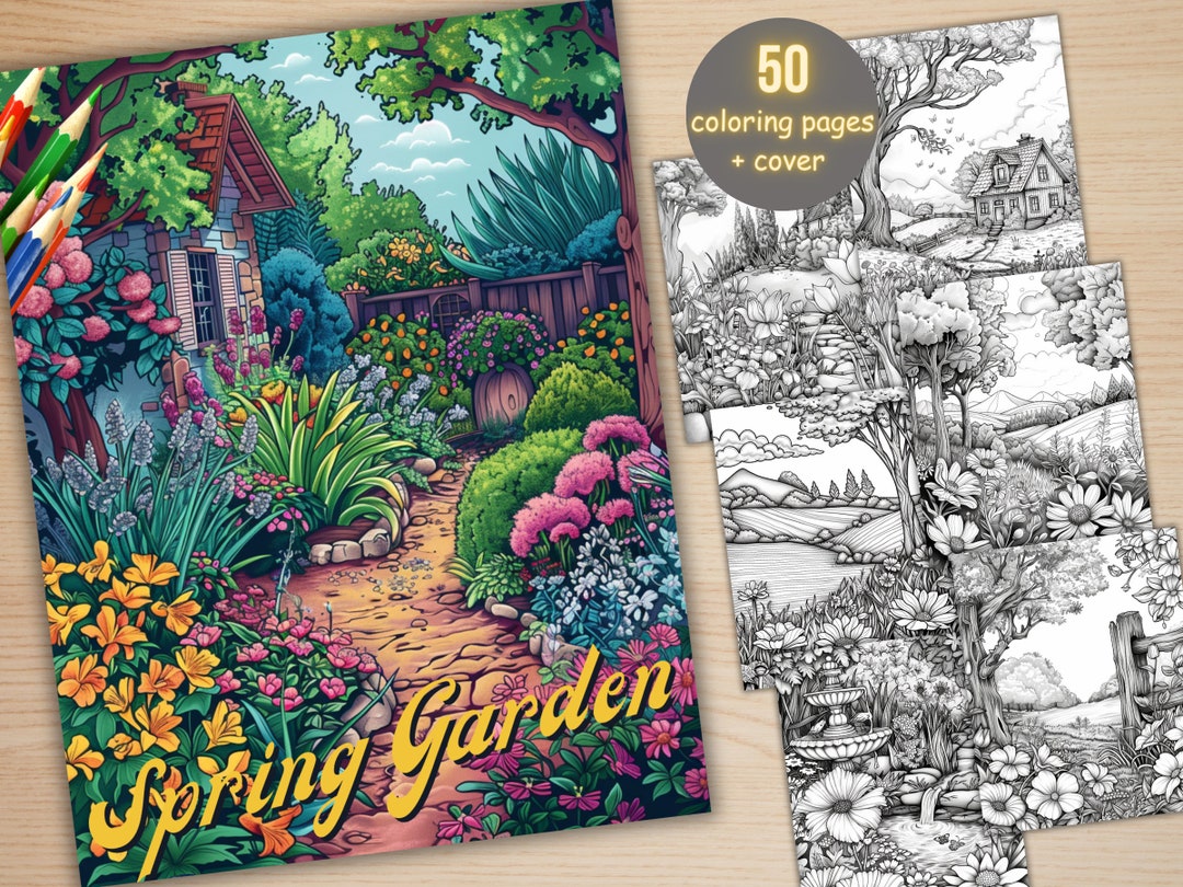50 Spring Garden Coloring Book, Printable Floral Fairy Garden Coloring ...