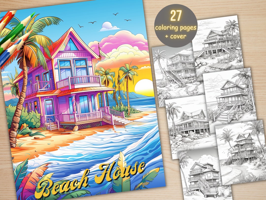 27 Beach Houses Coloring Book, Printable Fantasy Dream House Coloring ...