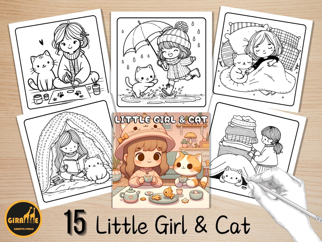 Bold and Easy Coloring Book, Little Girl and Cat's Life Coloring Pages ...