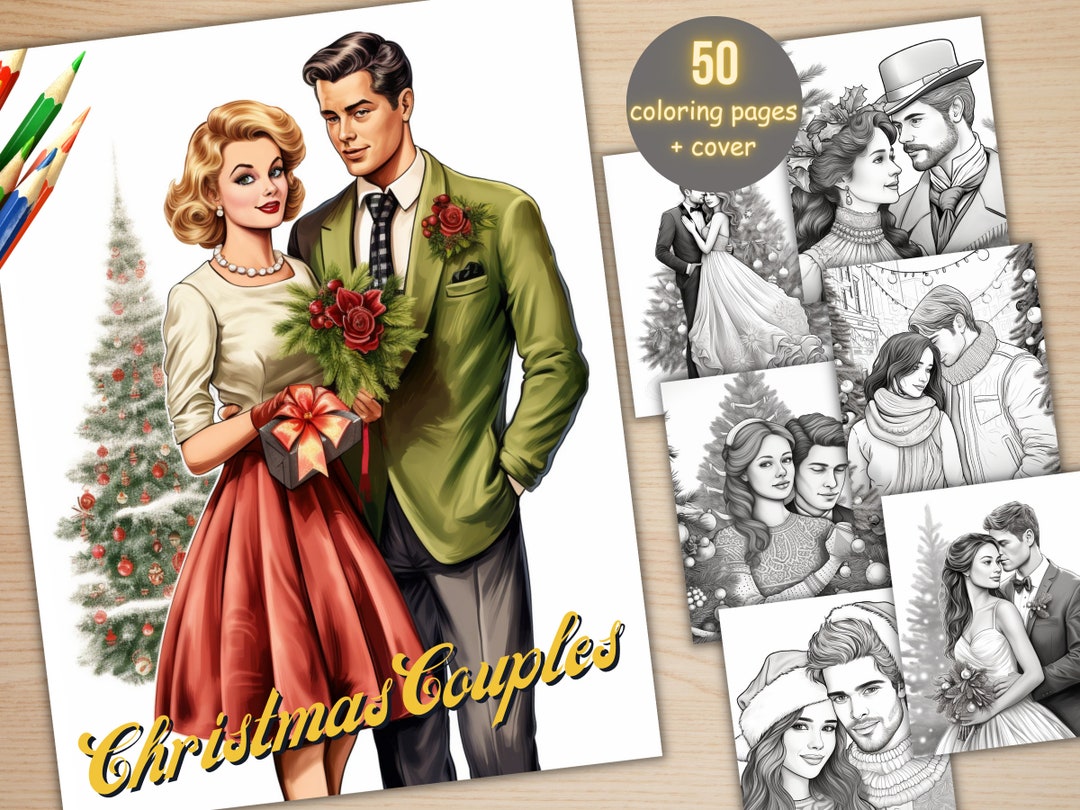 50 Christmas Couple Coloring Book, Printable Xmas Noel People Coloring ...