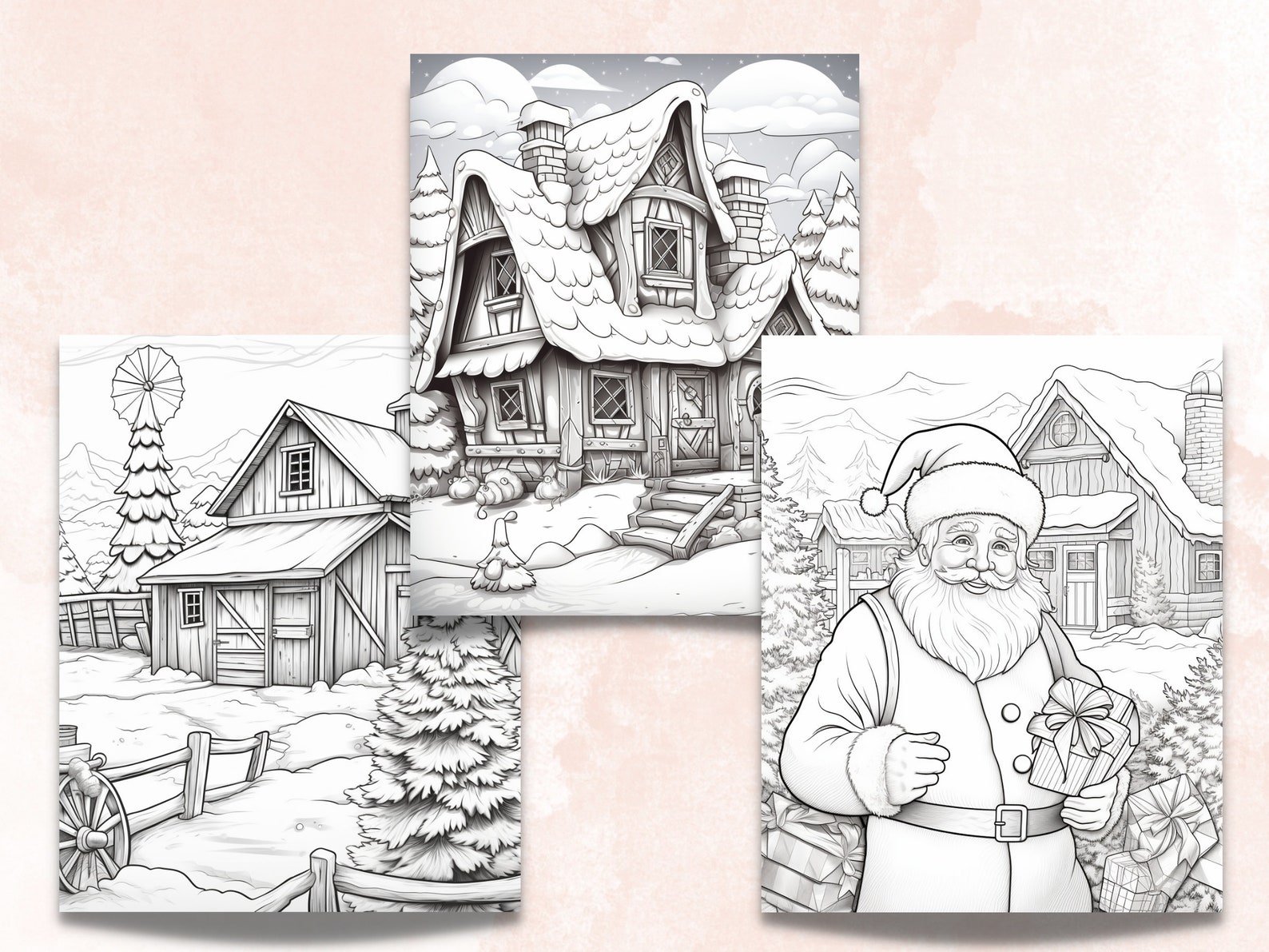 90 Farm Christmas Coloring Book, Printable Xmas Noel Cottage Coloring ...