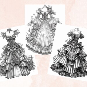 50 Gothic Dress Coloring Book, Printable Dark Fashion Dress Coloring ...
