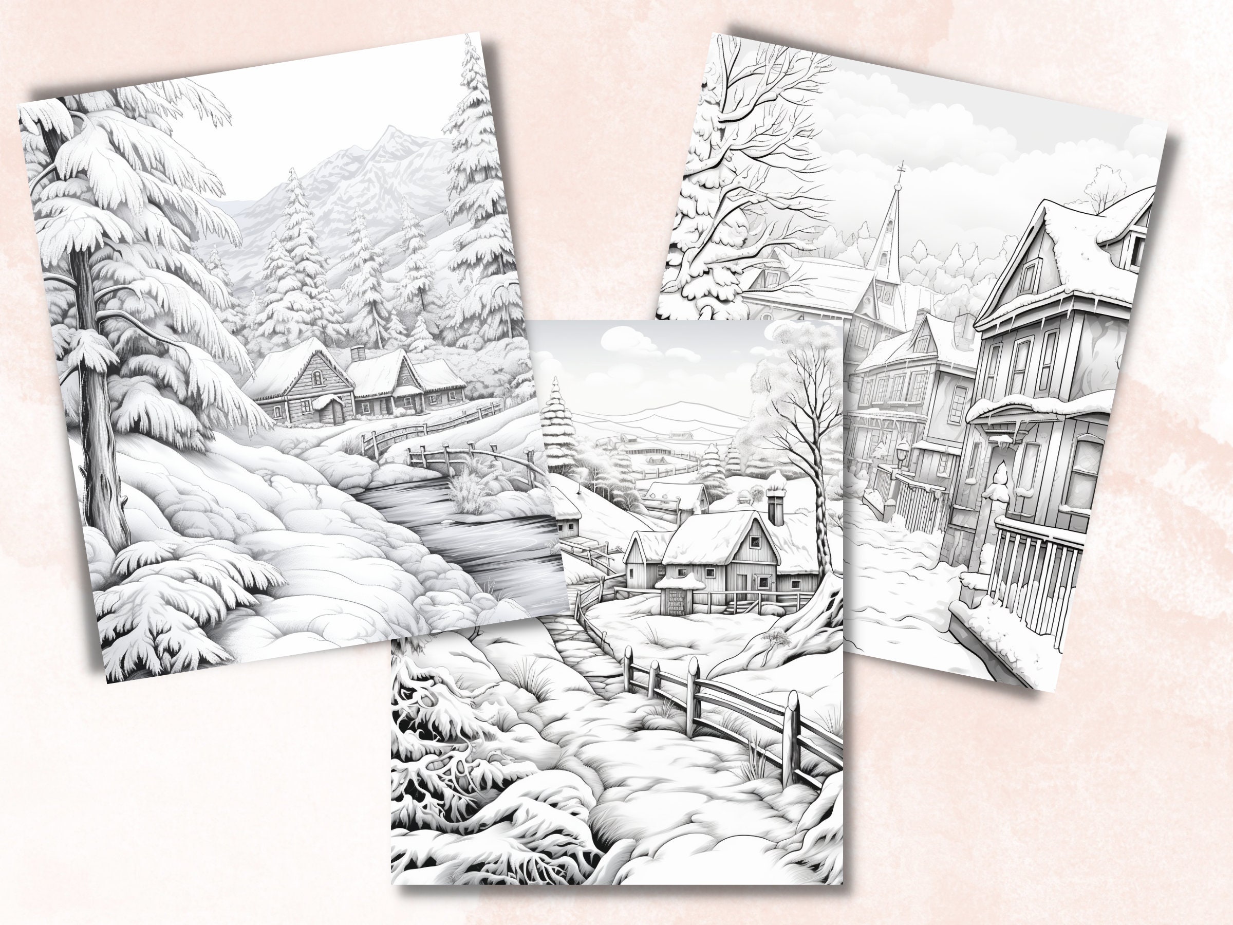 75 Winter Wonderland Coloring Book, Printable Winter Landscape Coloring ...