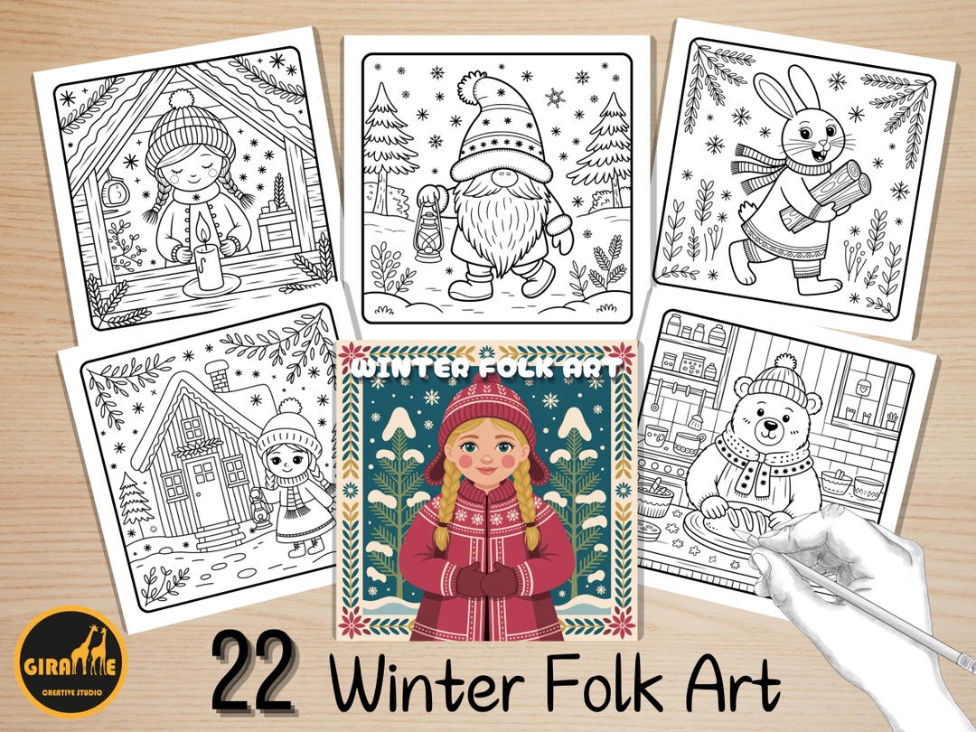 Winter Folk Art Coloring Pages, Scandinavian Nordic Coloring Book ...