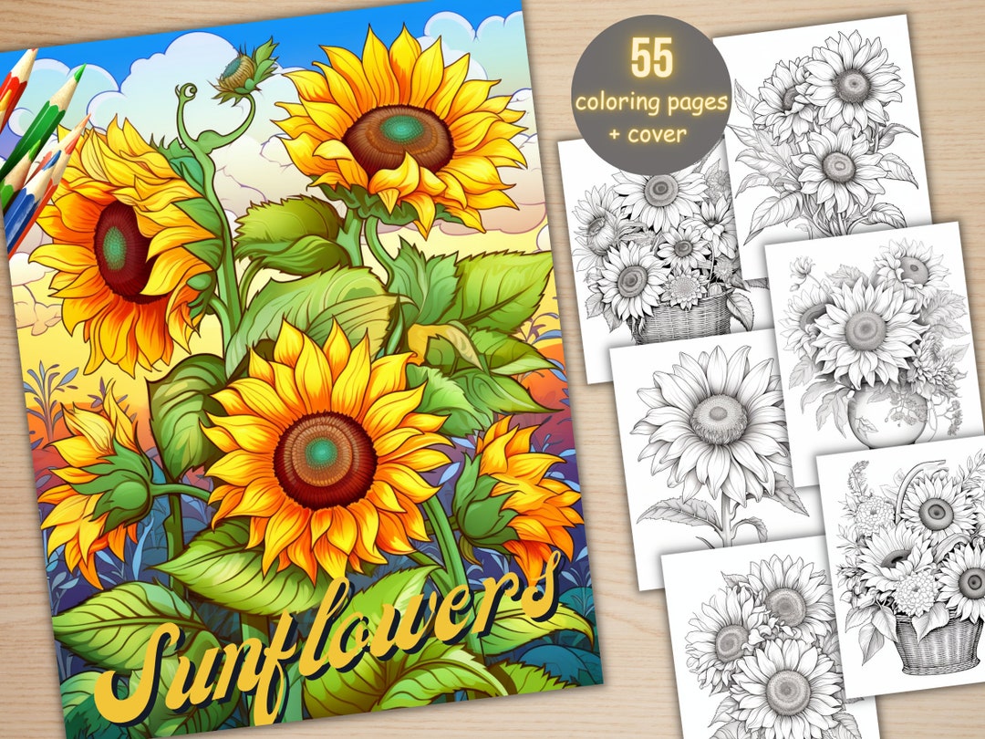 55 Sunflowers Coloring Book, Printable PDF, Botanical Floral Plant ...