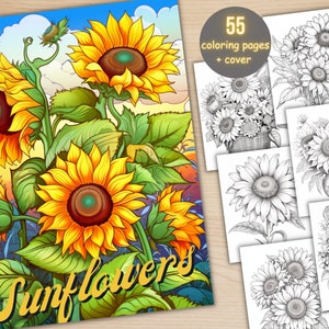 55 Sunflowers Coloring Book, Printable PDF, Botanical Floral Plant ...