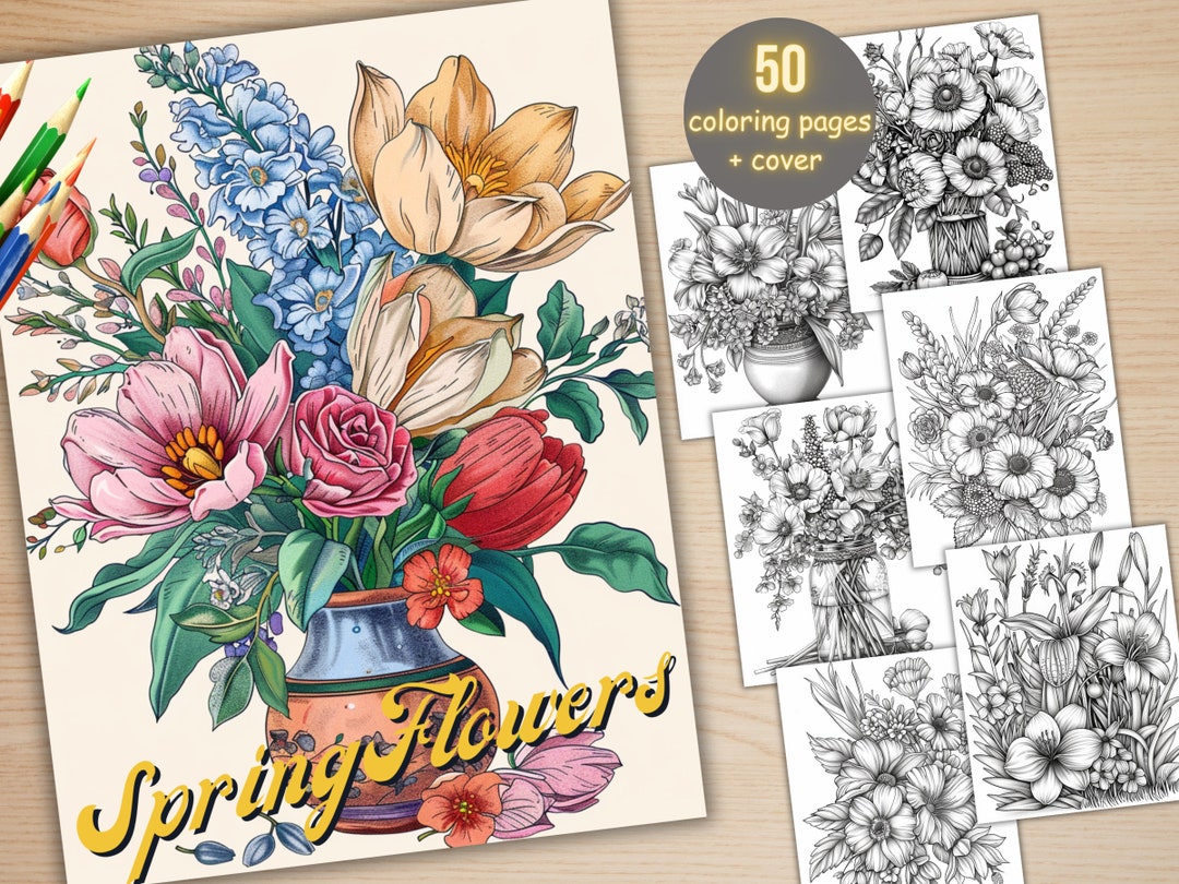 50 Spring Flowers Coloring Book, Printable Floral Bouquet Coloring ...