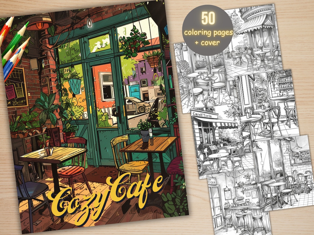 50 Cozy Cafe Scenes Coloring Book, Printable French Cafe Interior ...