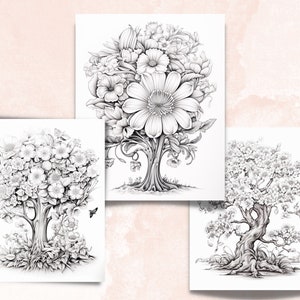50 Floral Tree Coloring Book, Printable Enchanted Fantasy Tree Coloring ...