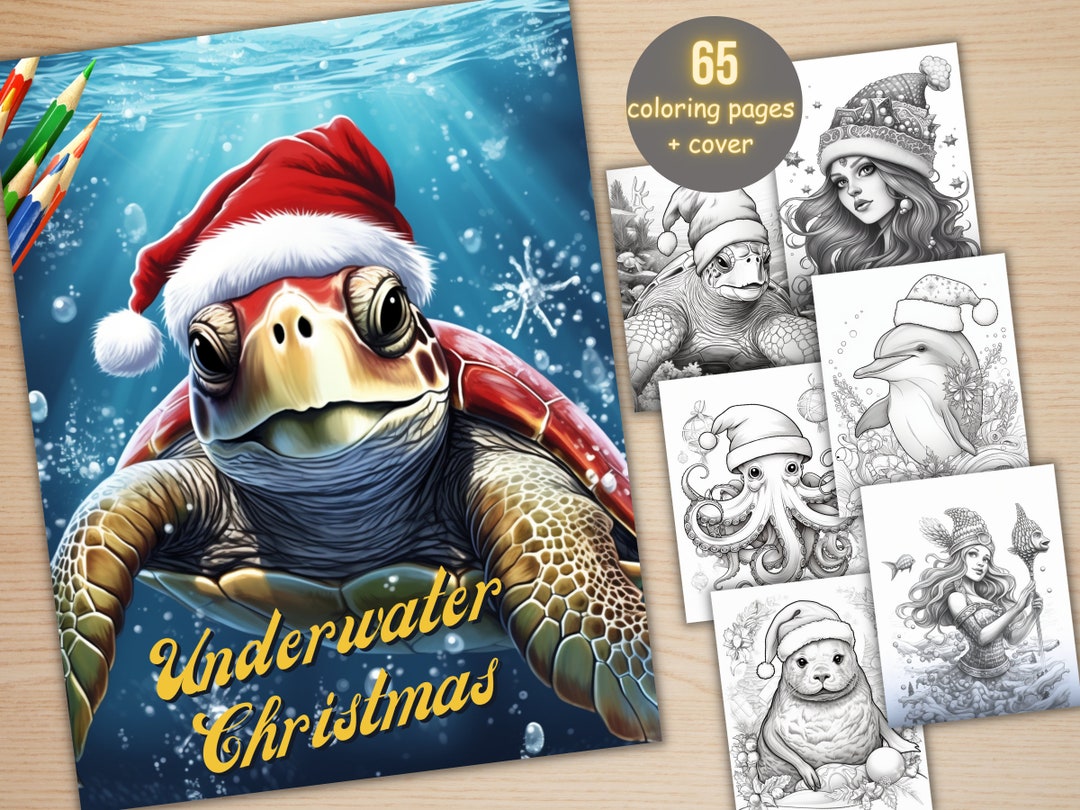 65 Christmas Underwater Coloring Book, Printable Xmas Noel Under the ...