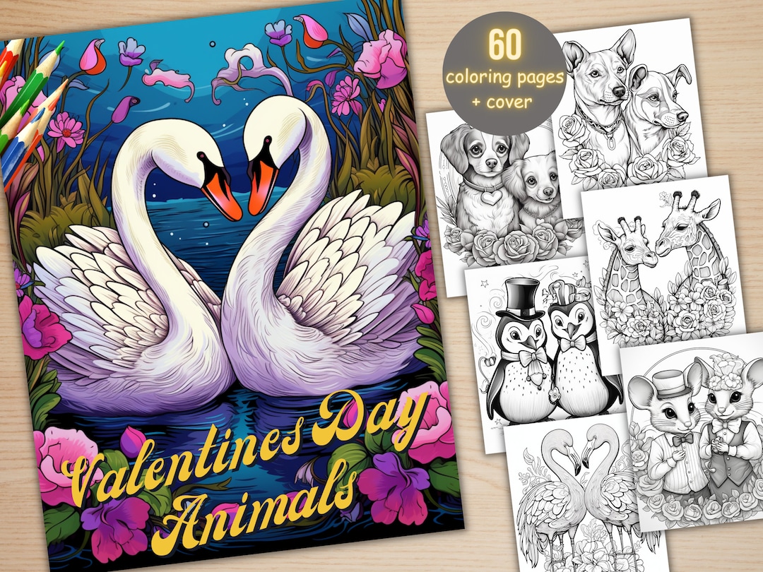 60 Valentines Day Animals Coloring Book, Printable Happy Valentines Day ...