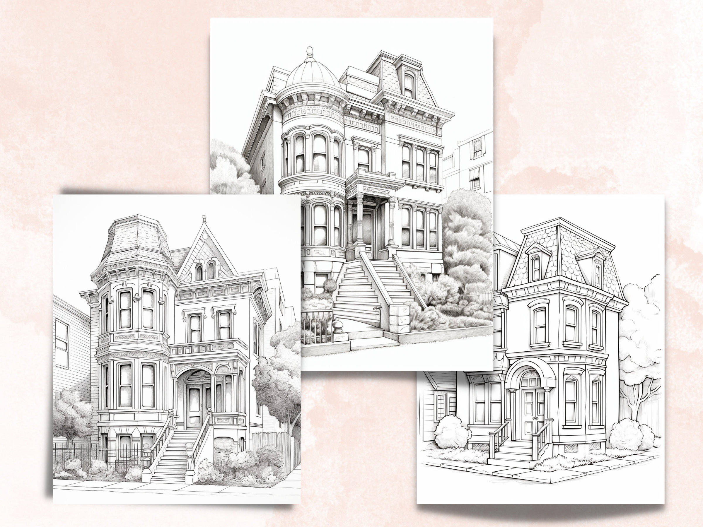 50 Cute Townhouse House Coloring Book, Printable Fantasy City House ...