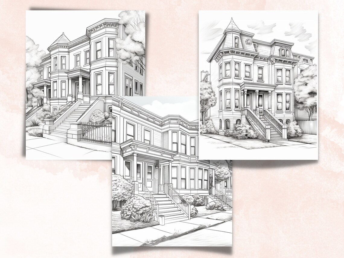50 Cute Townhouse House Coloring Book, Printable Fantasy City House ...