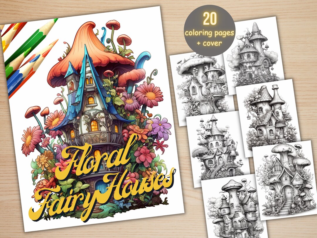 20 Floral Fairy Houses Coloring Book, Printable Fairy Houses Coloring ...
