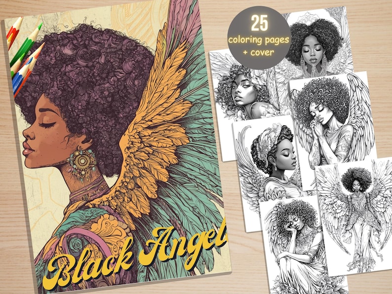 25 Afro Black Angel Women Coloring Book, Afro African Angels Coloring ...