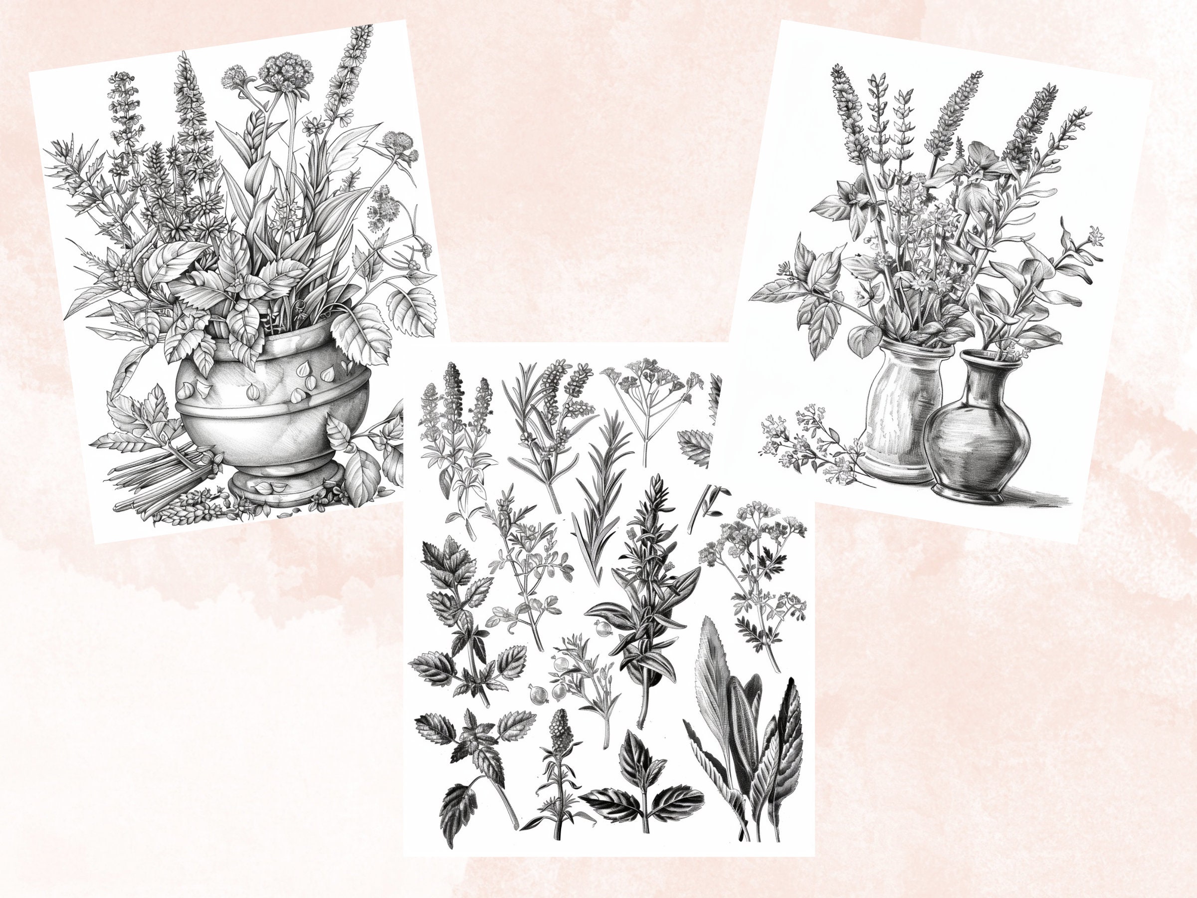 60 Herbs Coloring Book, Printable Enchanted Garden Therapy Coloring ...