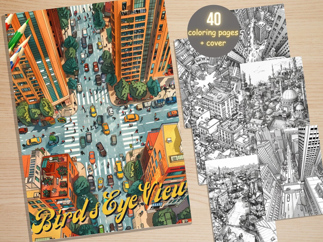 40 Bird's Eye Views Coloring Book, Printable PDF, Fantasy City Scenery ...