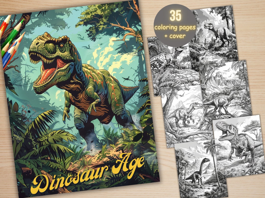 35 Dinosaur Age Coloring Book, Printable Dino T-rex Scenes Coloring ...