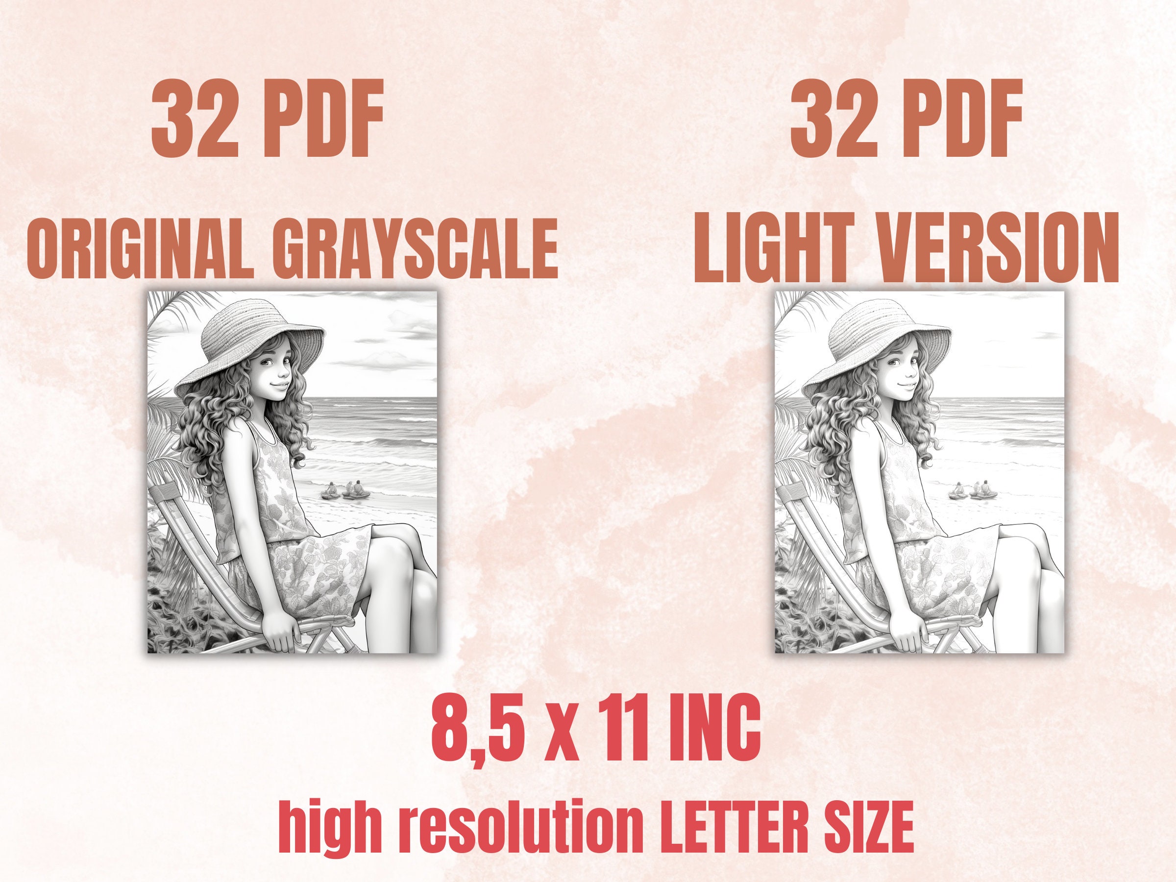 32 Summer Girl Coloring Book, Printable PDF, Little Cute Beach Holiday ...
