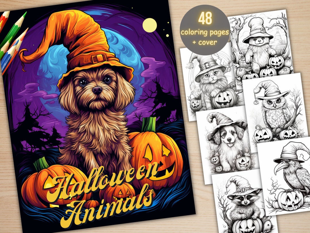 48 Halloween Animals Coloring Book, Printable Gothic Pumpkin Cutties ...