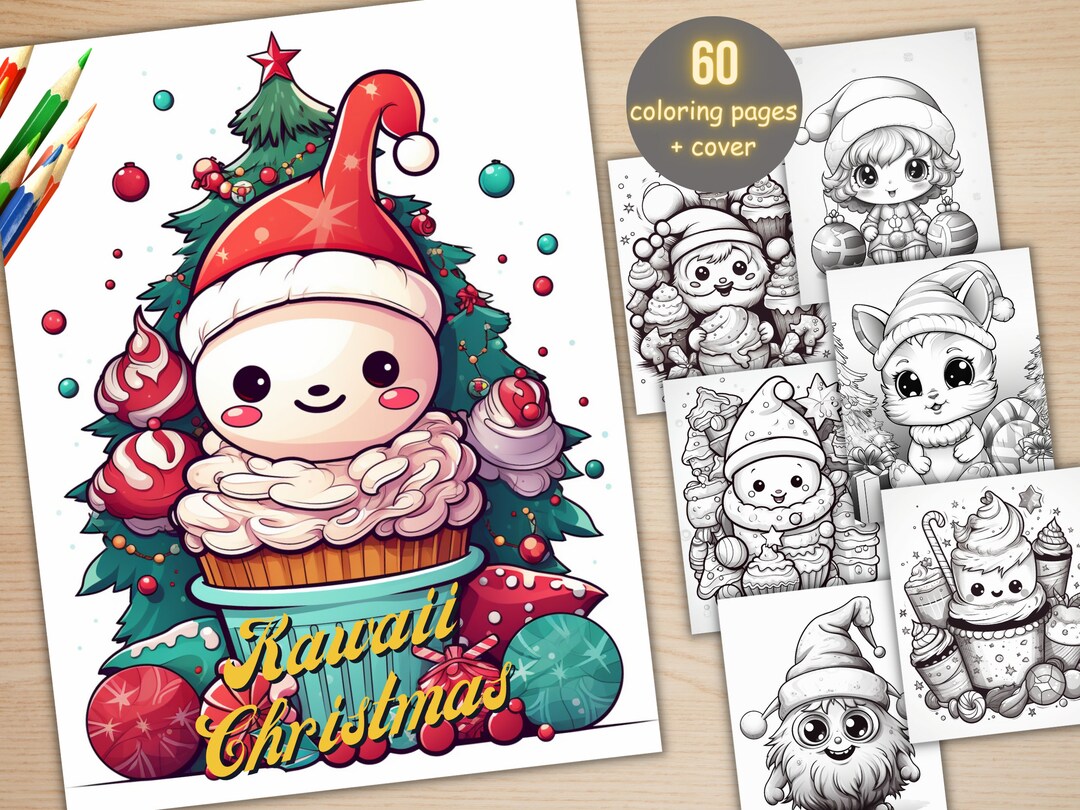 60 Kawaii Christmas Bundle Coloring Book, Printable Cartoon Xmas Santa ...