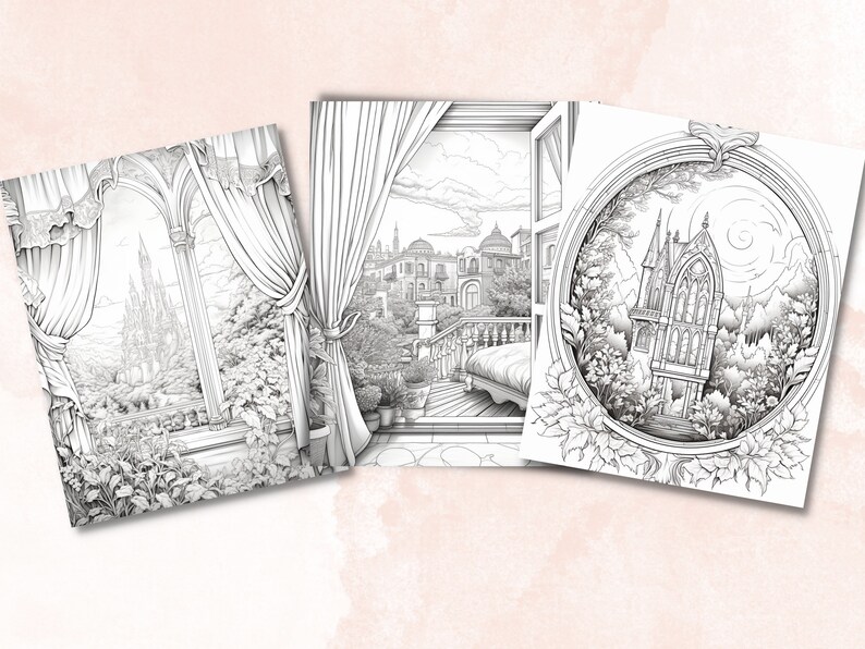 27 Fantasy Open Windows Views Coloring Book Printable PDF - Etsy