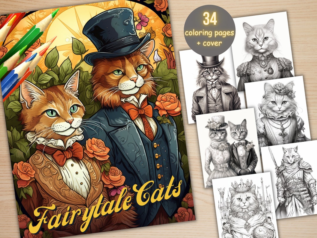 34 Fairytale Cats Coloring Book, Printable Cute Cat Coloring Pages ...