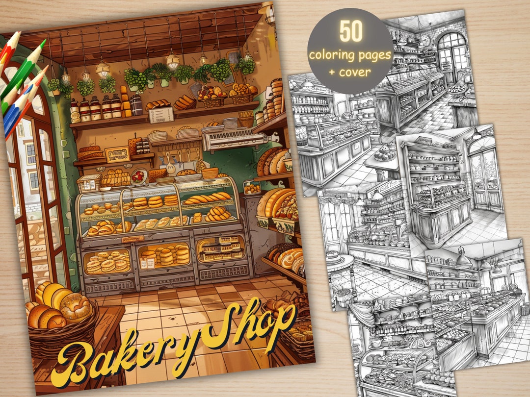 50 Bakery Shop Scenes Coloring Book, Printable Bakery Storefront ...