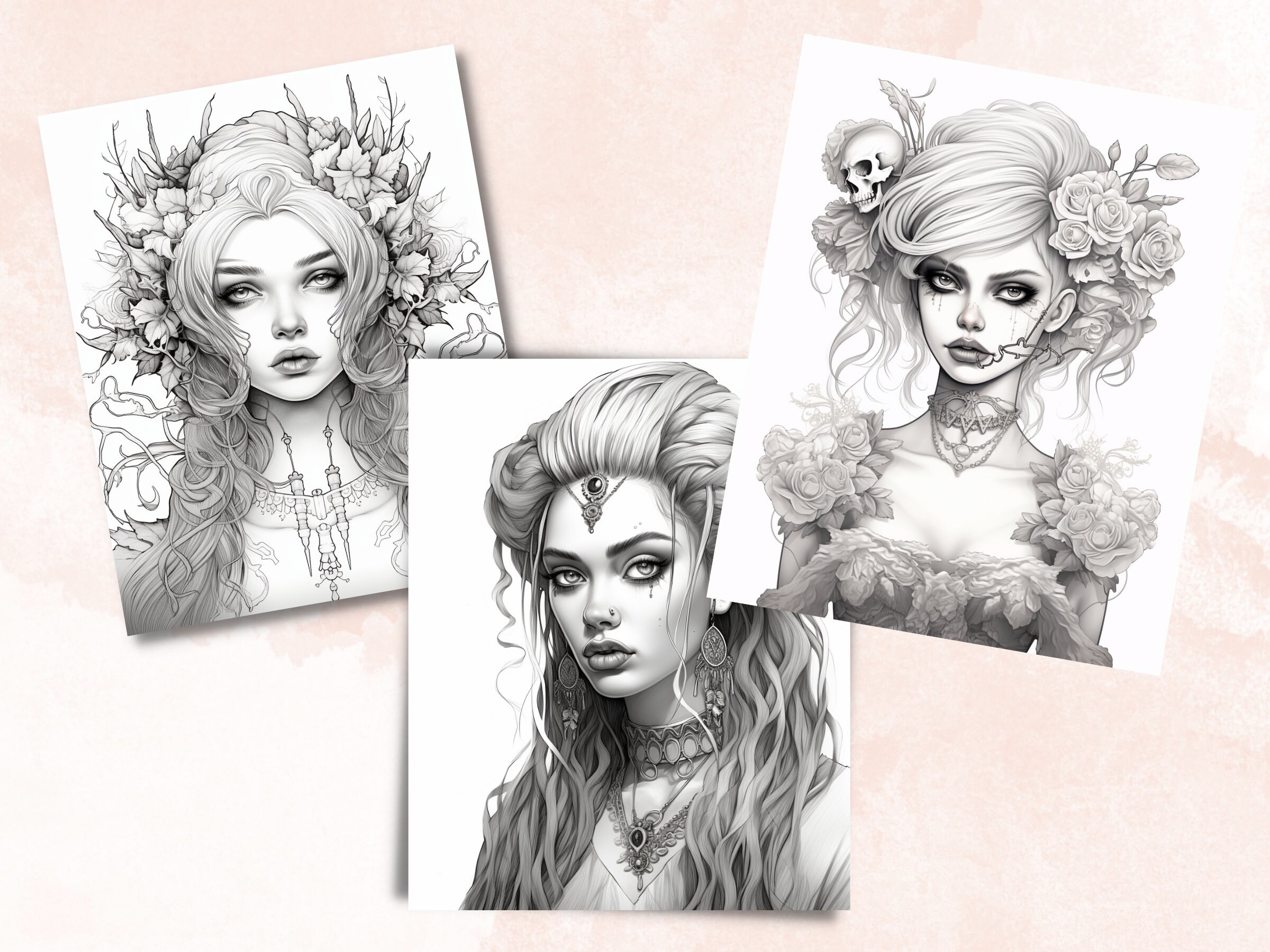 40 Gothic Beauties Coloring Book Printable Goth Punk Woman Coloring