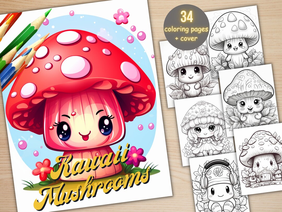 34 Cute Kawaii Mushrooms Coloring Book, Printable PDF, Adorable ...