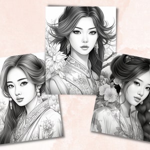 40 Asian Beauties Coloring Book, Printable Japanese Woman Coloring ...