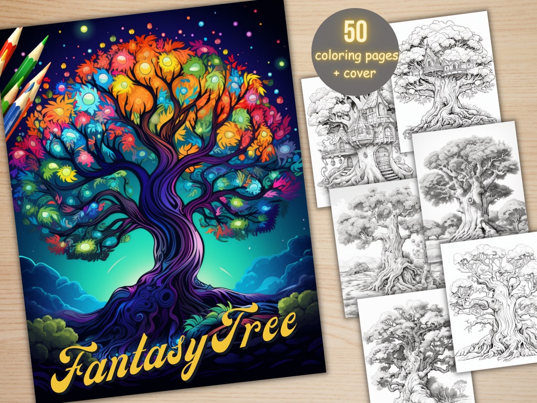 50 Fantasy Tree Coloring Book, Printable Enchanted Tree House Coloring ...