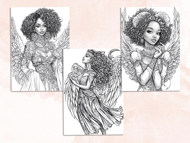 25 Afro Black Angel Women Coloring Book, Afro African Angels Coloring ...