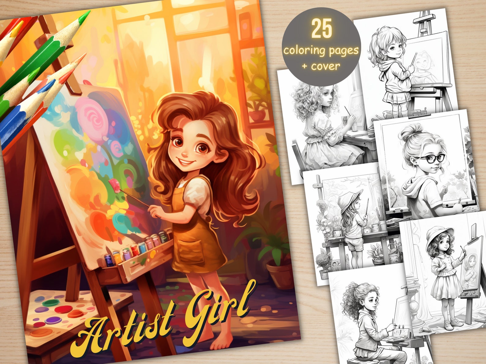 25 Artist Girl Coloring Book, Printable PDF, Pretty Little Cute Painter ...