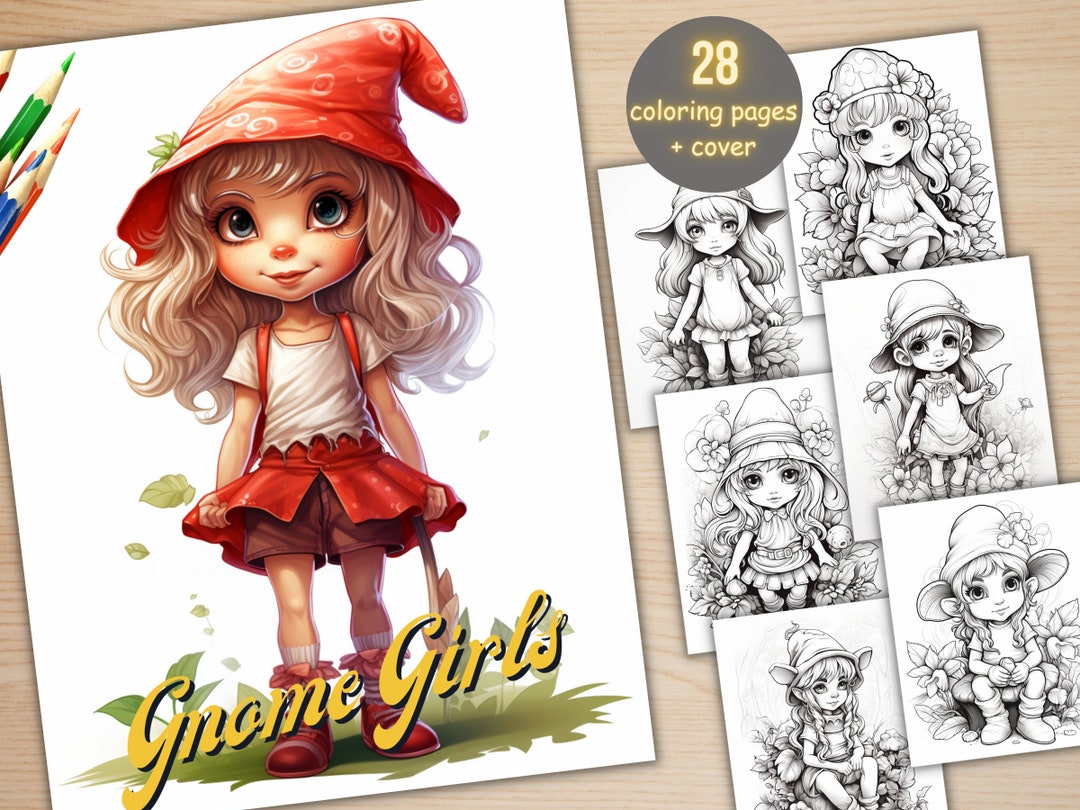28 Garden Gnome Girls Coloring Book, Printable Floral Cute Gnome ...