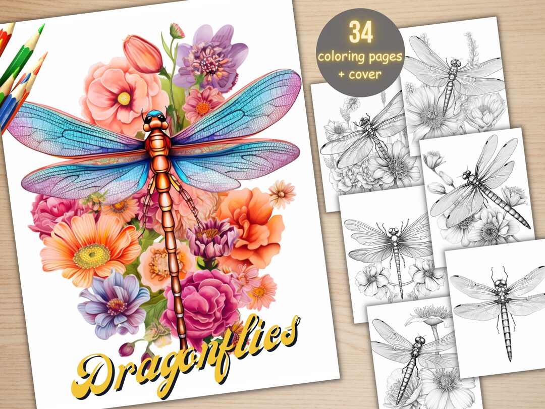 34 Floral Dragonflies Coloring Book, Printable Dragonfly Flowers ...