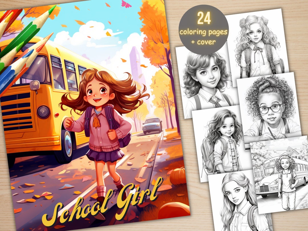 24 School Girl Coloring Book, Printable PDF, Pretty Little Cute Academy ...