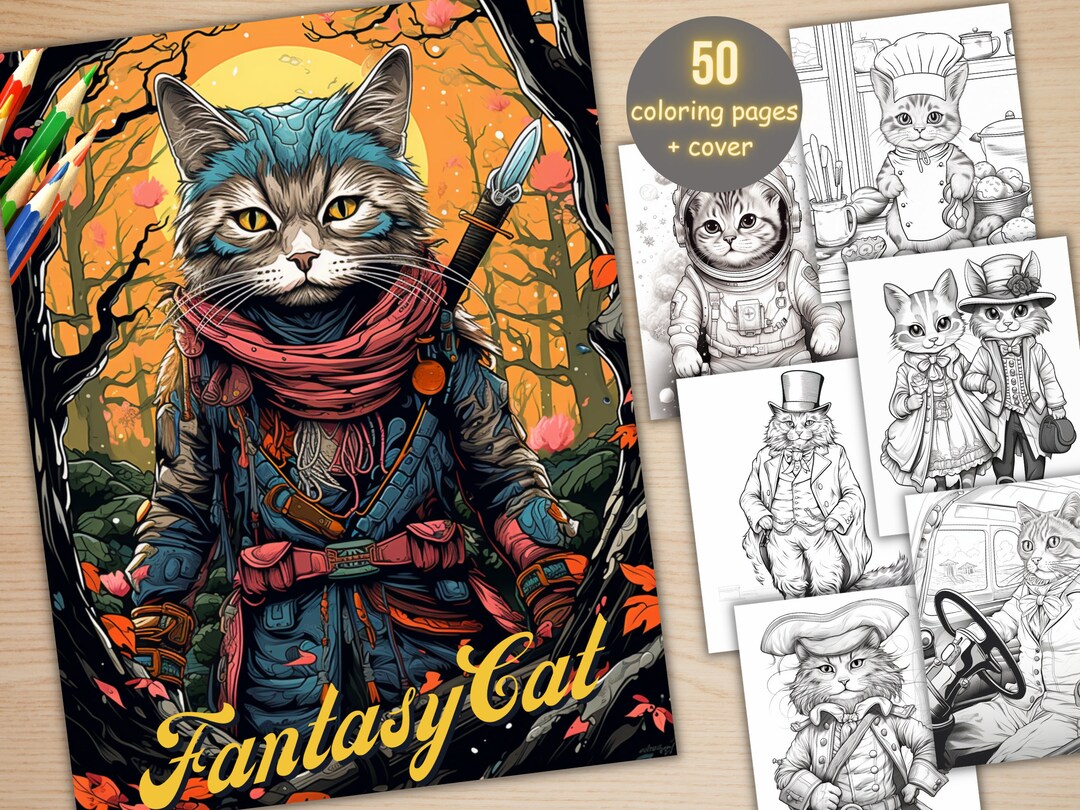 50 Fantasy Cat Coloring Book, Printable Secret Life of Cat Coloring ...