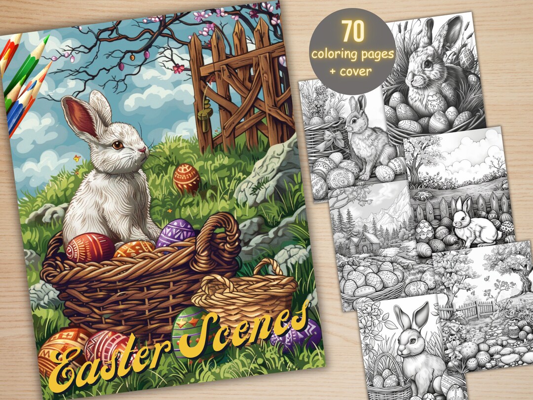 70 Easter Scenes Coloring Book, Printable Easter Bunny Coloring Pages ...