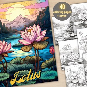 40 Lotus Flowers Coloring Book, Printable PDF, Botanical Floral Plant ...