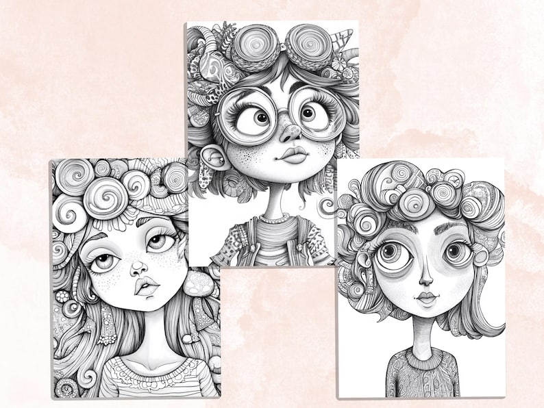 40 Quirky Girl Coloring Book, Printable Whimsical Quirky Girl Coloring ...