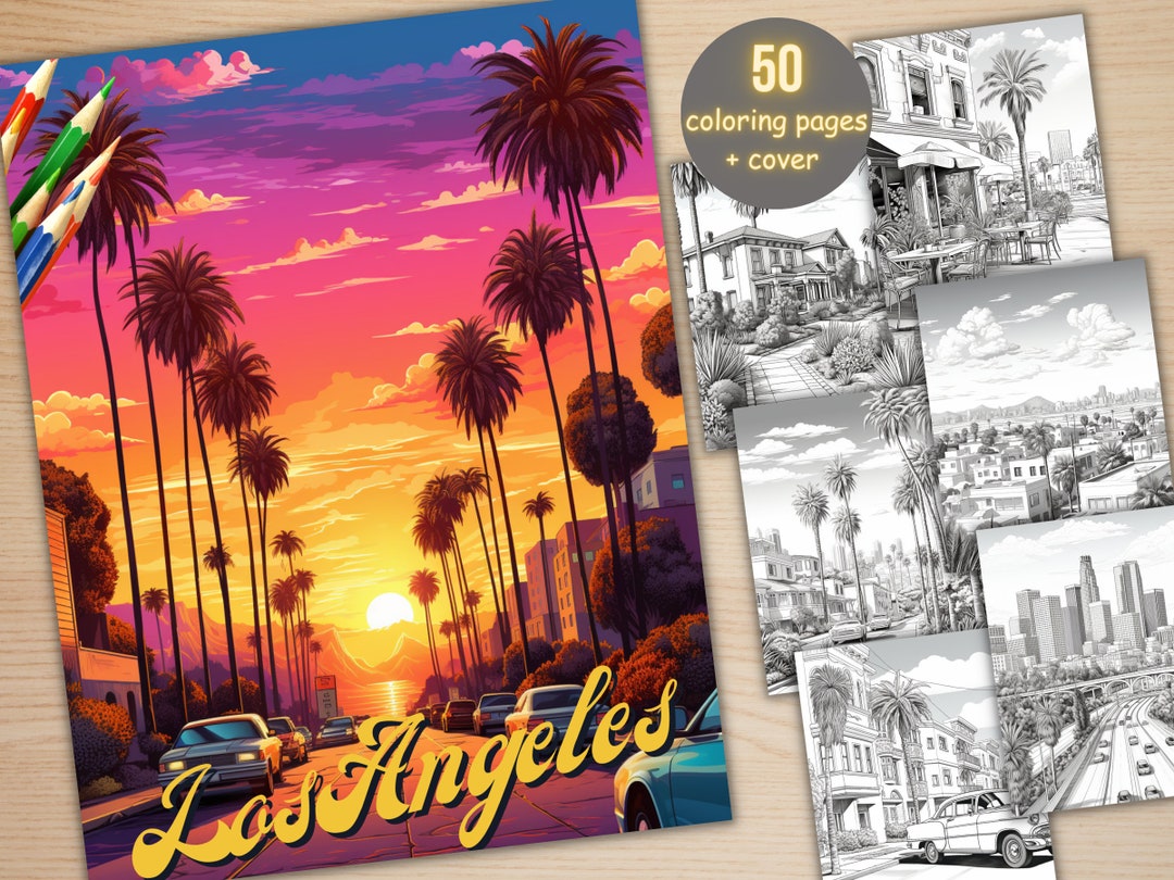 50 Los Angeles City Coloring Book, Printable PDF, USA Scenes Coloring ...