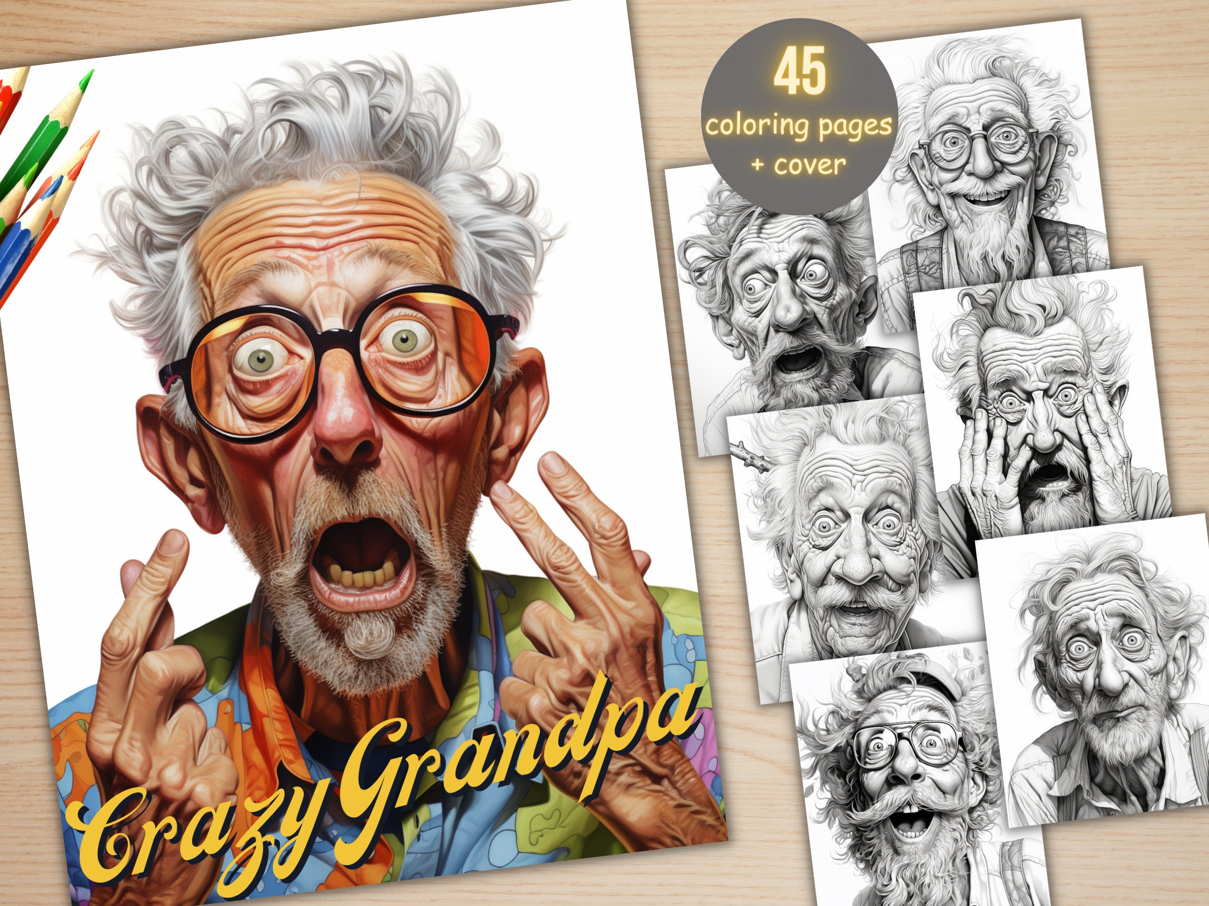 45 Crazy Grandpa Portrait Coloring Book, Printable Wrinkled Elderly Man ...