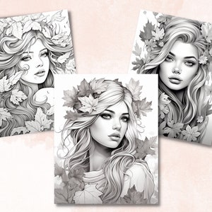 35 Fall Beauties Coloring Book, Printable Autumn Leaves Woman Coloring ...
