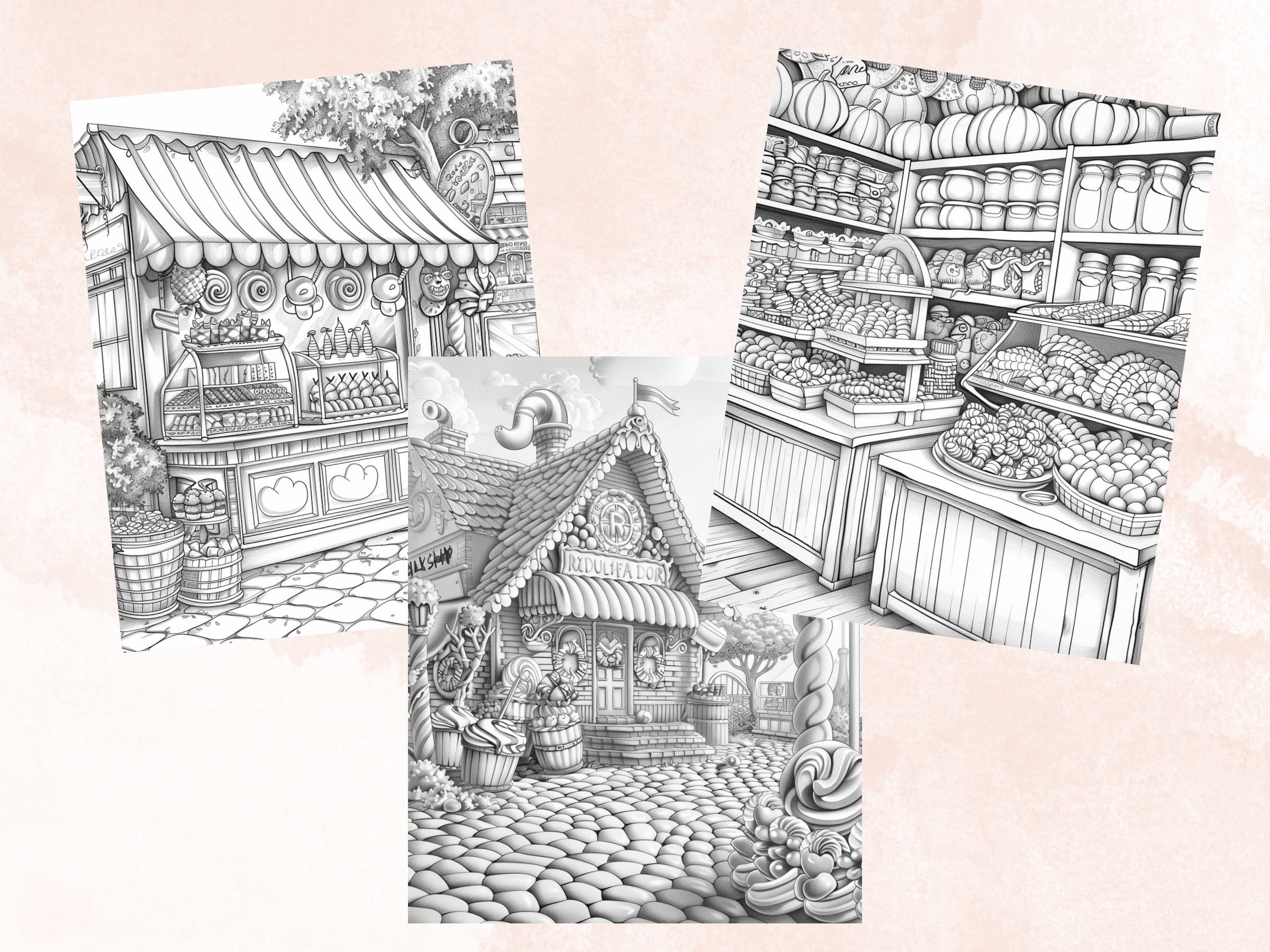50 Candy Shop Scenes Coloring Book, Printable Candy Storefront Coloring ...