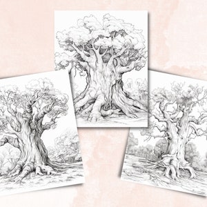 50 Fantasy Tree Coloring Book, Printable Enchanted Tree House Coloring ...