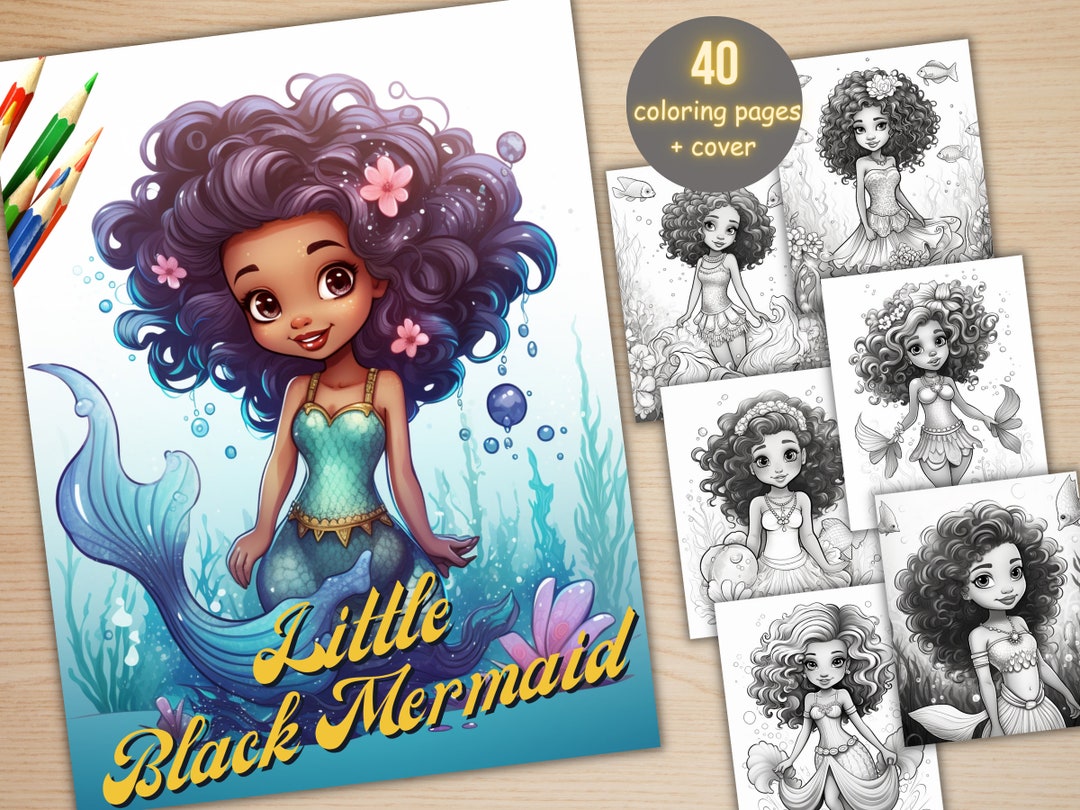 40 Little Black Mermaid Coloring Book, Printable Fantasy Cute Afro ...