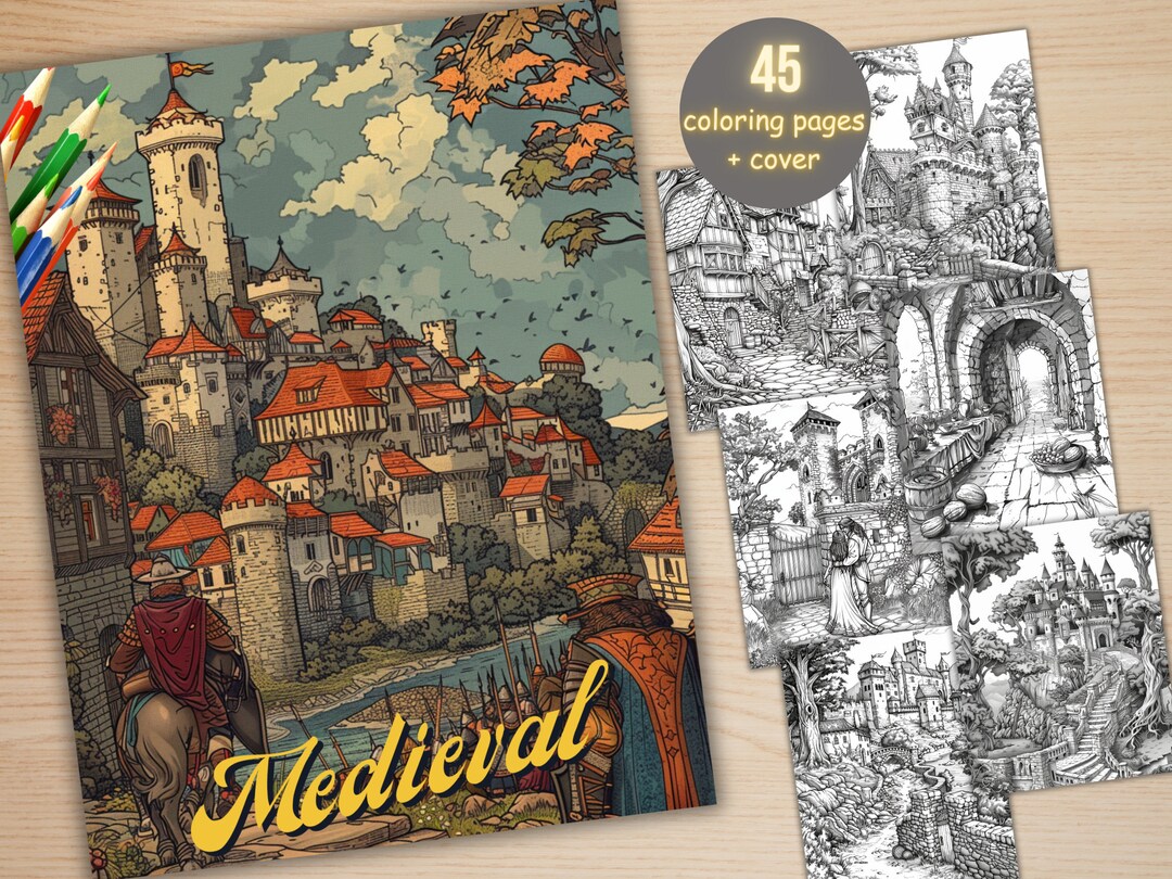 45 Medieval Scene Coloring Book, Printable PDF, Medieval Villages ...